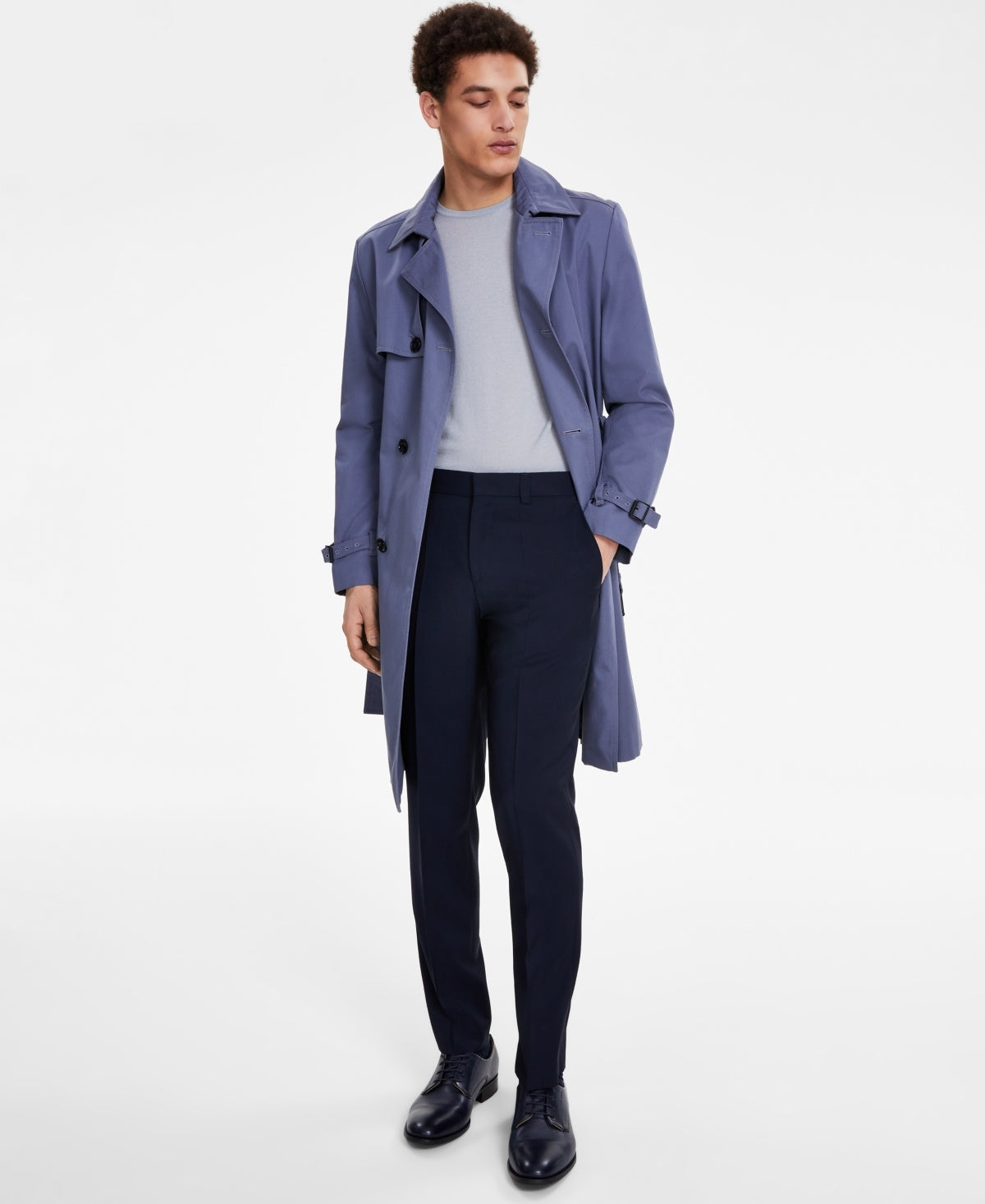 Hugo Boss Men's Regular-Fit Overcoat Trench Coat 42R Belted Blue ...