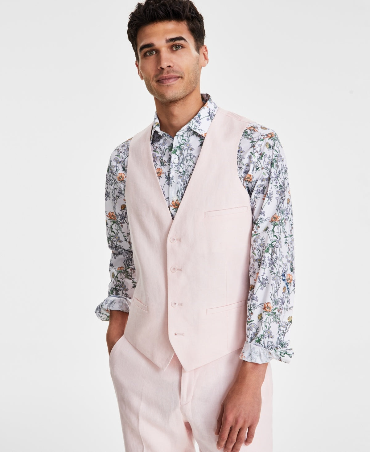 Bar Iii Mens Slim fit Button-Up Suit Vest Medium Pink Solid Linen ...